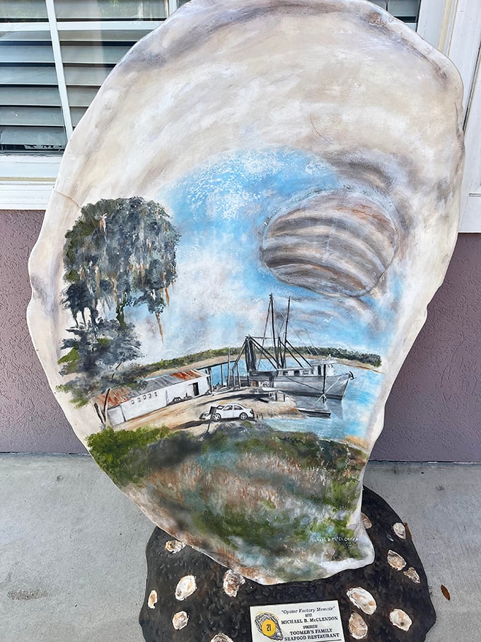 Art meets appetite on this painted oyster shell – a Lowcountry landscape that captures the soul of Bluffton's seafood heritage in brushstrokes.
