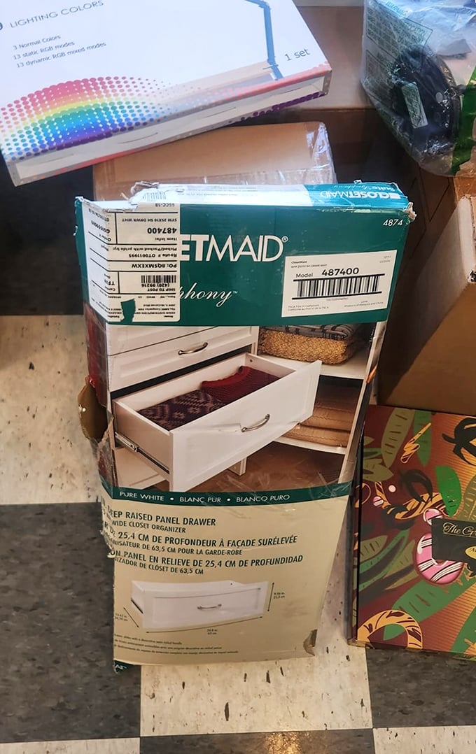 Home organization solutions still in their boxes – proof that good intentions for tidiness are universal and recyclable.