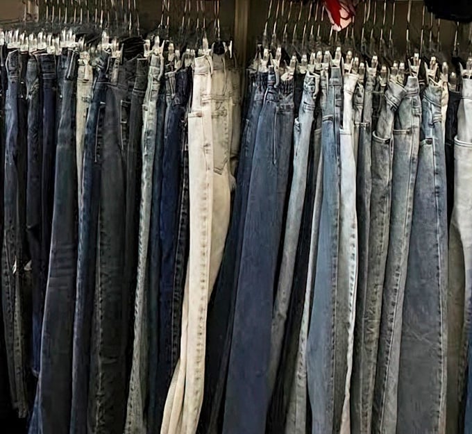The denim wall—a gradient of blue that represents America's love affair with jeans better than any museum exhibit ever could.
