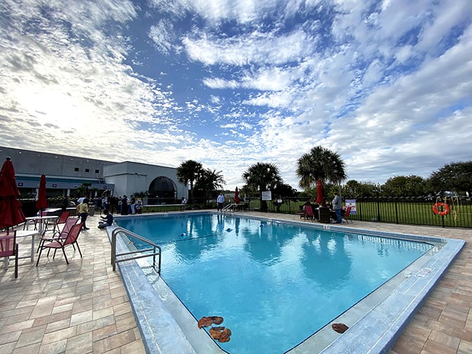 Community pools become social hubs where retirement conversations flow as freely as the water—who needs expensive country clubs?