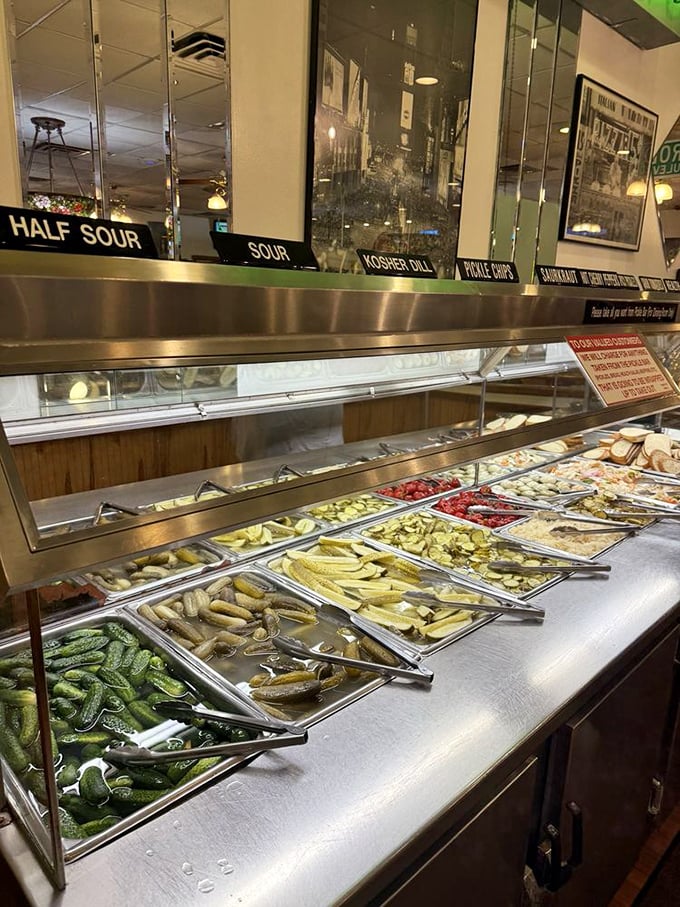 The pickle bar – where cucumbers go to achieve greatness in various stages of sourness, a briny wonderland of tangy treasures.