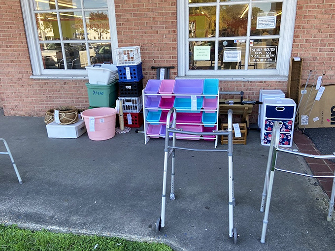 Outside displays showcase organizational solutions for every storage crisis. Those colorful bins have seen things in their previous homes they'd rather not discuss.