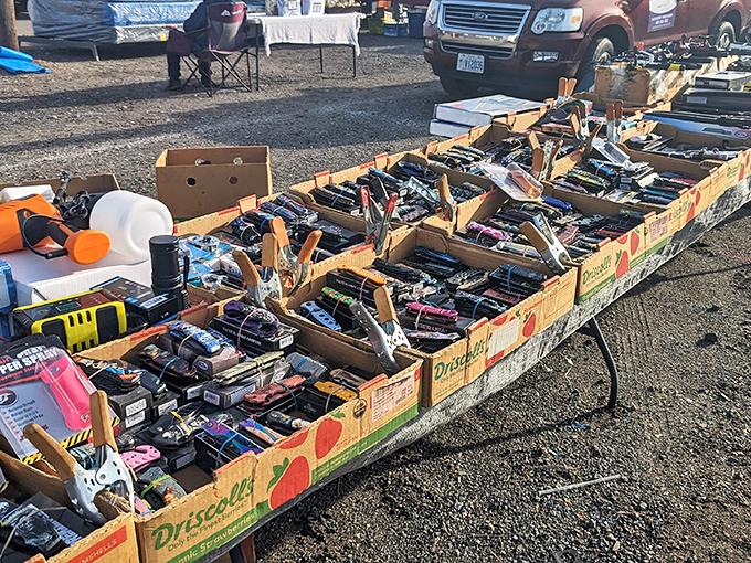 Tools of every trade spread across fruit boxes – the kind of organized chaos that makes DIY enthusiasts reach for their wallets.