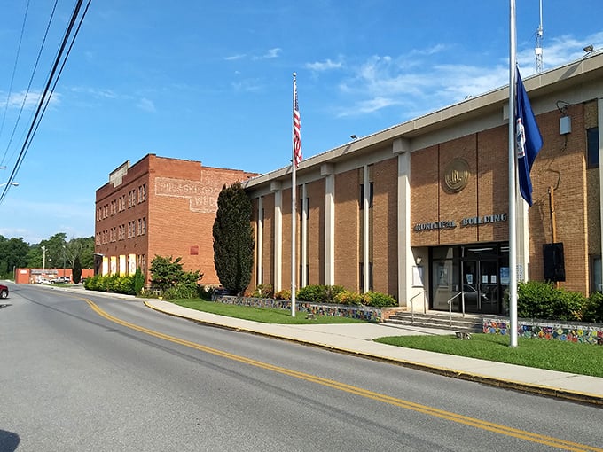 Pulaski's Town Hall balances mid-century municipal functionality with enough brick dignity to remind citizens that local government matters—especially on tax day.