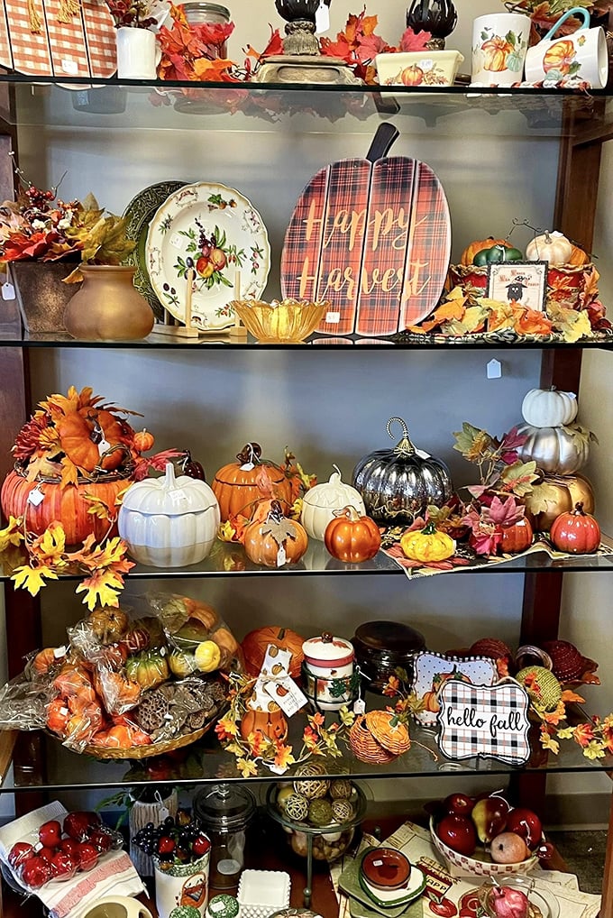 Fall decor that transforms "just a shelf" into an autumn wonderland. Those ceramic pumpkins have more personality than some people I've dated. 