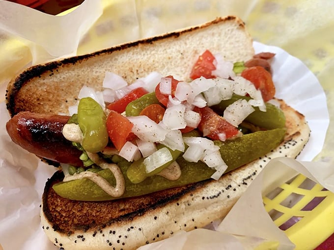 This Chicago-style inspired creation proves that pickles, tomatoes, and onions aren't just toppings – they're a committee dedicated to deliciousness.