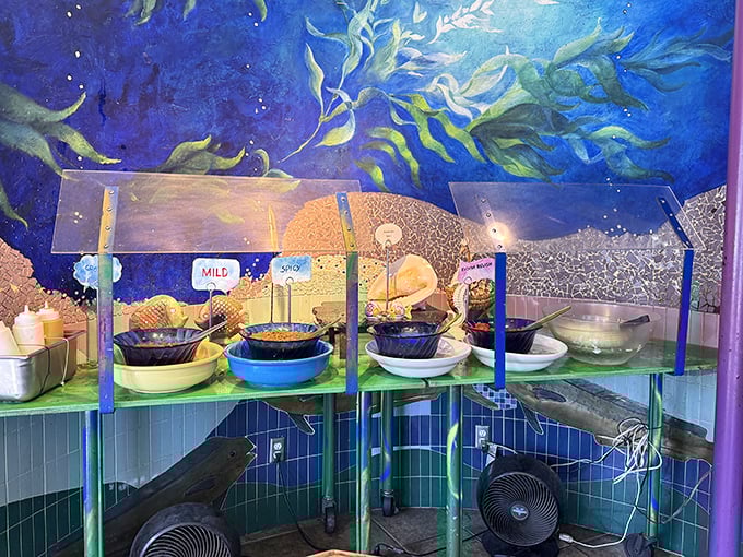 The underwater-themed salsa bar—where mild-mannered salsas transform into flavor superheroes for your waiting tacos.