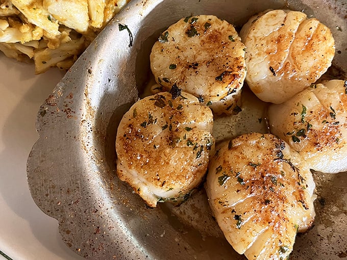 Seared scallops that could make a mermaid reconsider her no-seafood-eating policy.