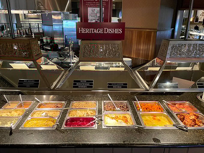 The "Heritage Dishes" buffet section showcases Pennsylvania Dutch classics in a rainbow of colors that would make any food photographer swoon.
