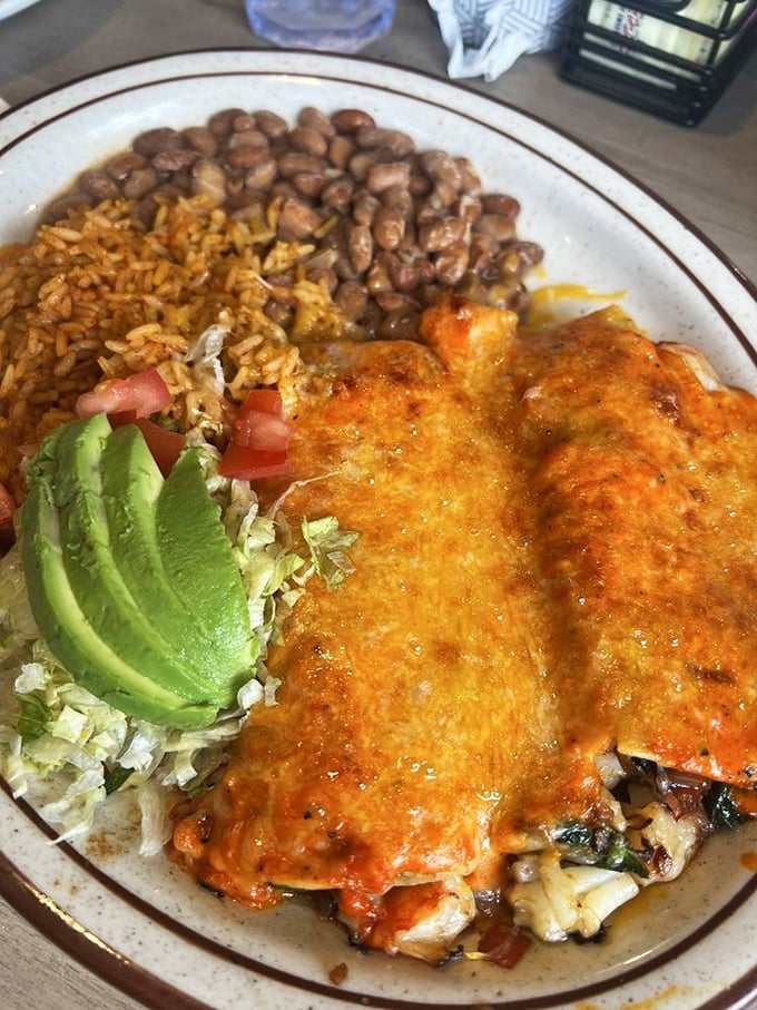 Rice, beans, and cheese-smothered enchiladas with a perfect slice of avocado—comfort food that speaks the universal language of "delicious."