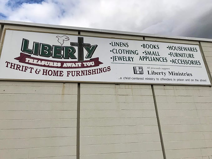 The sign says it all – treasures await! From linens to jewelry, this thrift paradise supports Liberty Ministries' community outreach programs.