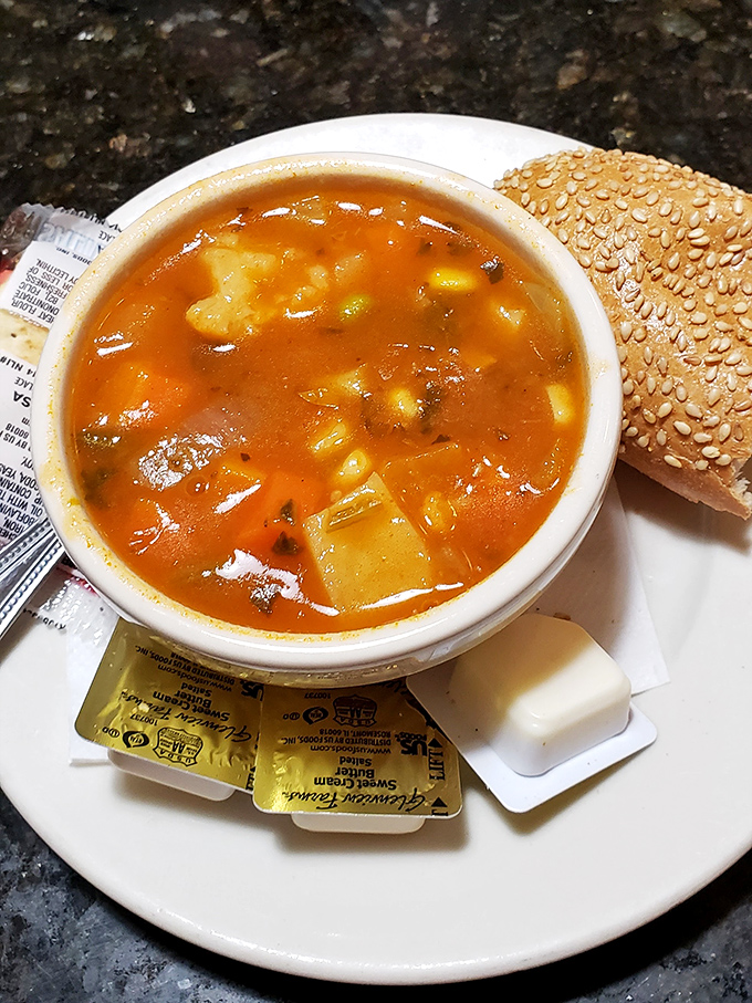A bowl of soup that whispers, "Everything's going to be okay." The sesame bagel stands by, ready for dunking duty.