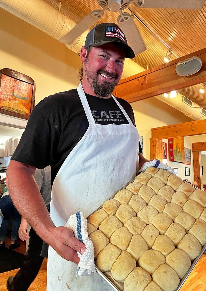 Fresh biscuits by the tray – this baker's bringing carb-loaded happiness to the masses, one batch at a time.