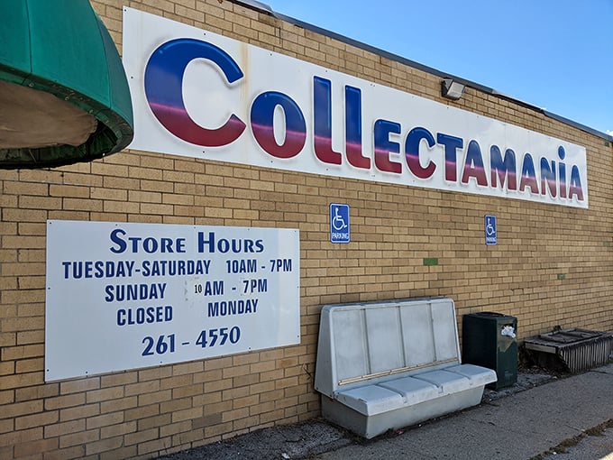 Store hours painted on the building remind you to plan accordingly. Monday collectors must wait their turn – even nostalgia needs a day off.