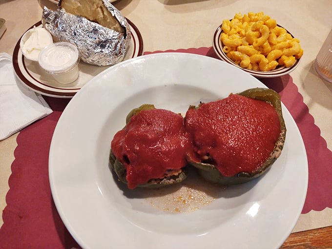 Stuffed peppers that look like they're wearing little tomato sauce hats. Comfort food dressed for a night on the town.