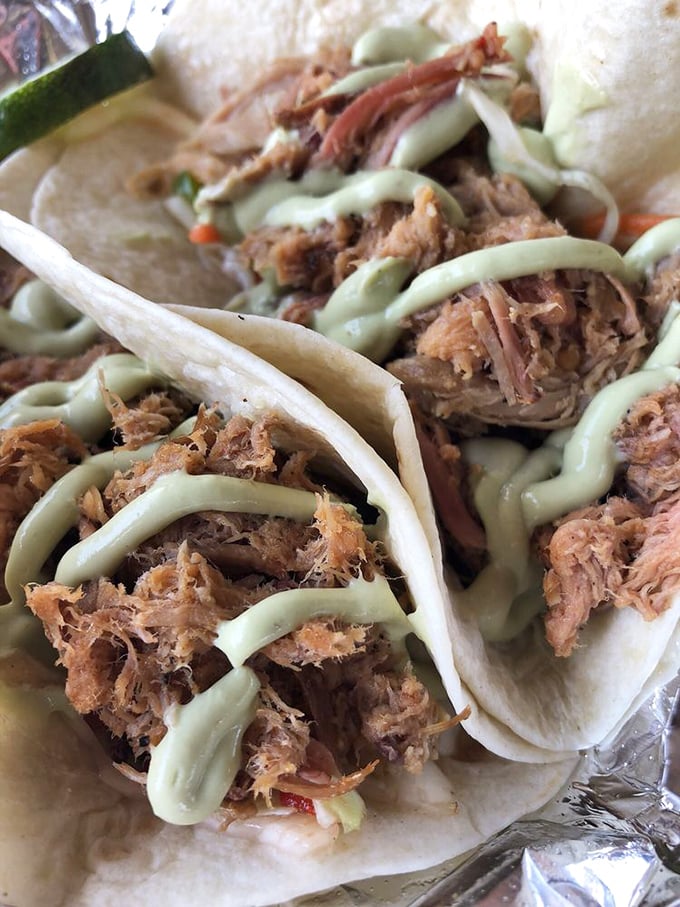 Barbecue tacos: when two perfect food groups decide to elope. That green sauce is the wedding officiant we all need.