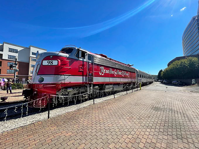 Engine #98 stands ready for departure, its vintage charm and bold colors promising adventures straight out of a storybook.