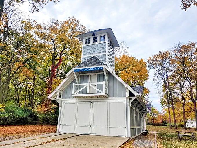 The Life-Saving Station stands ready amid autumn's glory, a beautiful reminder of the brave souls who once raced into stormy waters.