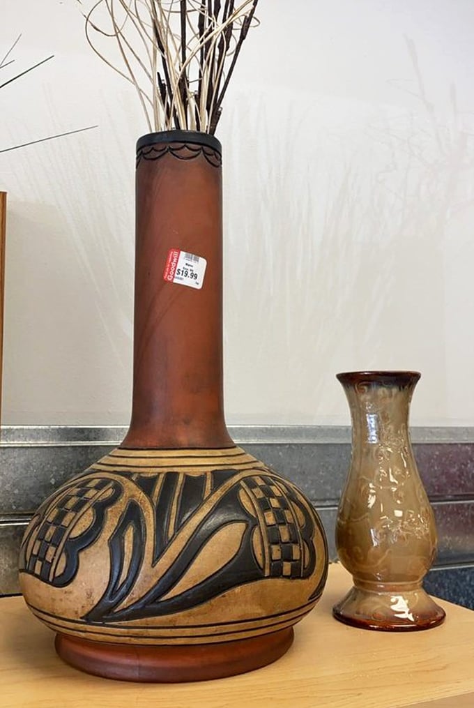 Decorative vessels that once graced someone else's mantel now await your creative vision. That southwestern-inspired piece practically begs for dramatic dried arrangements.