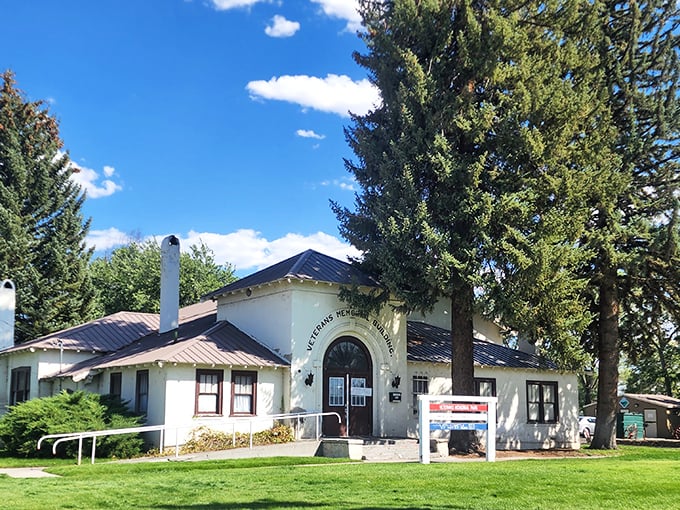 Veterans Memorial Hall stands proudly under towering pines, honoring service while doubling as the community's gathering place for everything from pancake breakfasts to dance lessons.