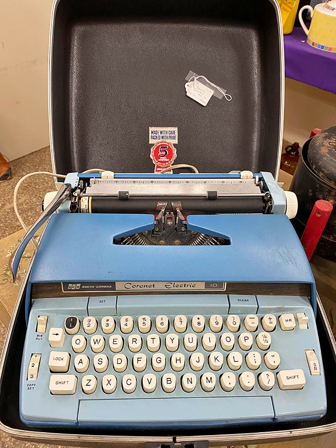 This baby-blue Smith-Corona Coronet Electric typewriter is just waiting for someone to write the Great American Novel – or at least a snarky grocery list.
