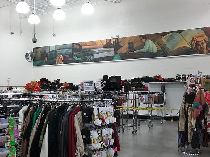 That stunning mural wrapping around the upper walls tells stories while you shop—visual inspiration for your next great find.