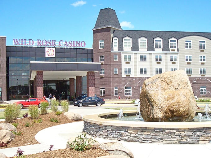 Wild Rose Casino offers entertainment with a side of fiscal responsibility—note the modest fountain that says "we have nice things without the coastal markup."
