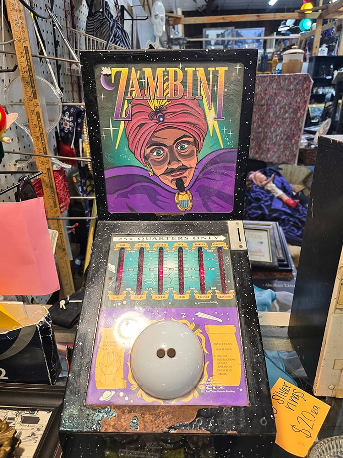 "Your fortune awaits!" The mystical Zambini fortune teller machine promises cosmic wisdom for just a quarter – vintage arcade magic at its finest.