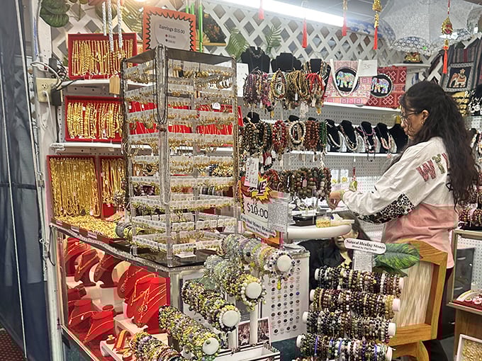 Jewelry displays that sparkle with possibility—each necklace and bracelet waiting to become someone's "lucky find" story at the next family gathering.