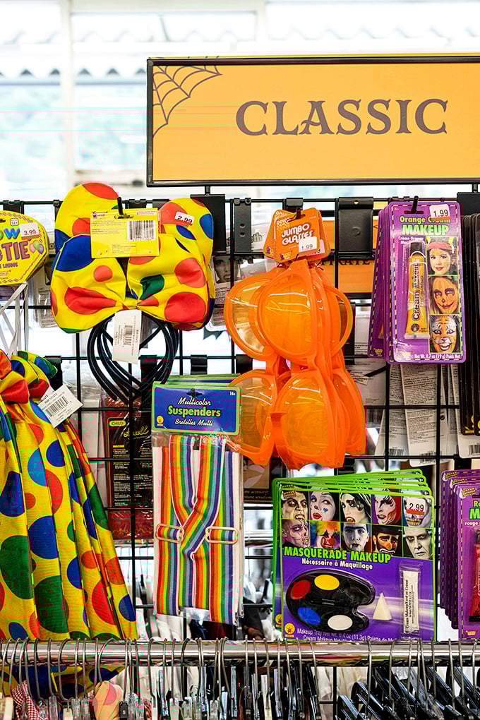 Costume accessories that scream "party time!" Oversized glasses, rainbow suspenders, and polka-dot bow ties—instant personality for pocket change.