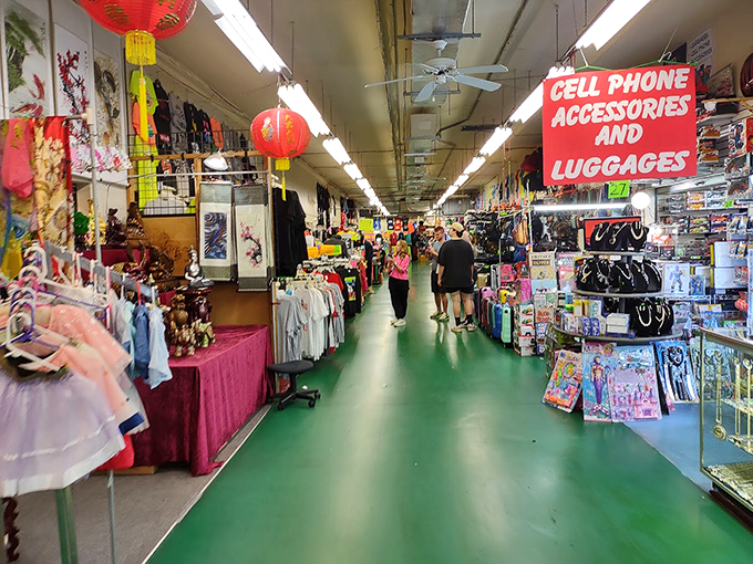 Cell phones and luggage share real estate in this aisle—perfect for tourists who need both a charger and extra space for all their new purchases.