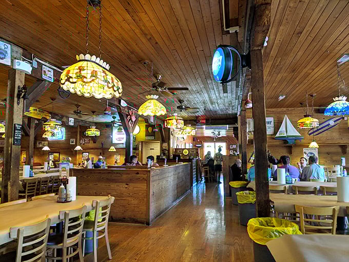 Exposed beams, nautical touches, and that unmistakable crab house energy—a place where calories don't count and seafood reigns supreme.