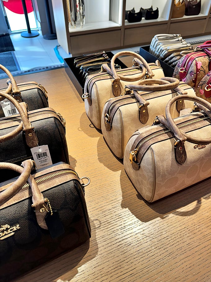 These Coach bags aren't just accessories – they're tiny leather dreams arranged in neat rows, whispering promises of organization and style.