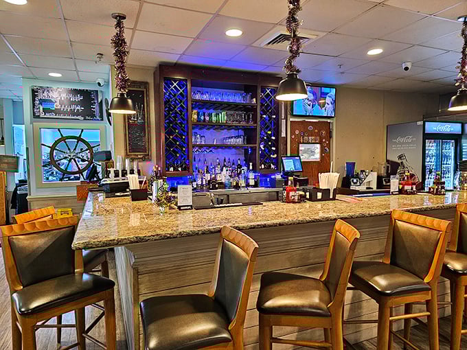 The bar gleams with promise, a beacon for thirsty sailors and landlubbers alike seeking liquid refreshment between bites of shrimp.
