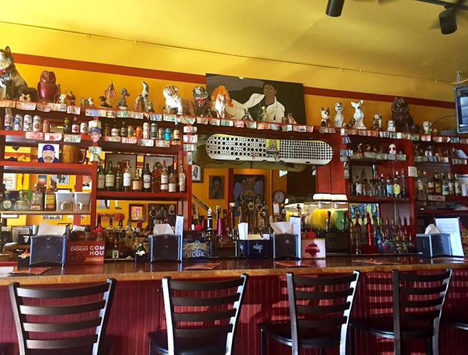 This bar doesn't just serve drinks—it curates experiences. Those figurines are silently judging your hot dog topping choices.