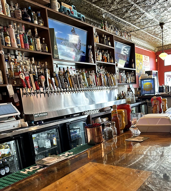 The bar boasts an impressive lineup of taps that would make a beer aficionado weep tears of hoppy joy.