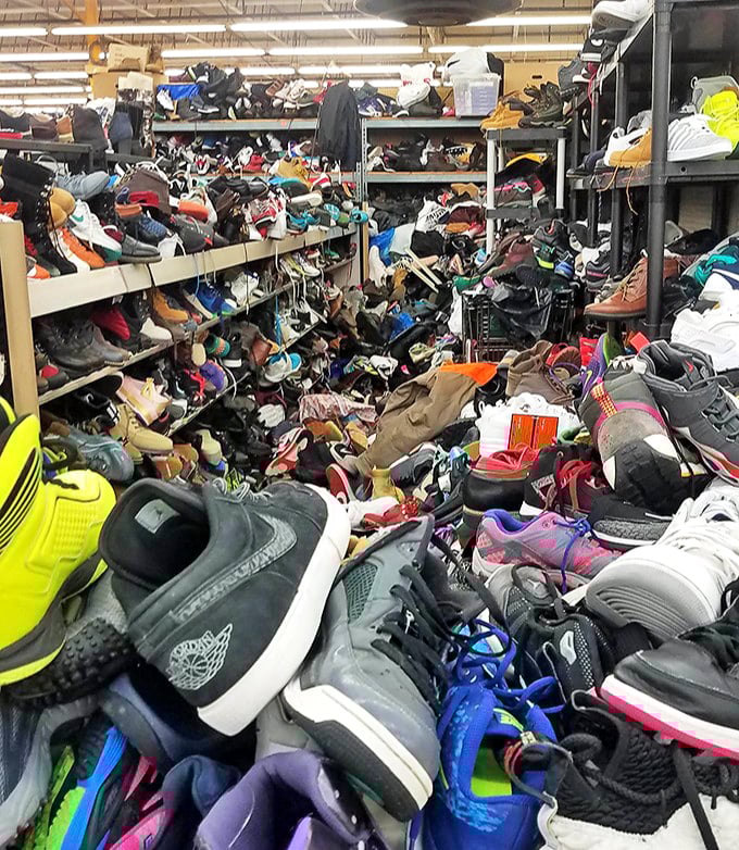 The shoe section resembles what I imagine the aftermath of a footwear rapture might look like—chaotic, overwhelming, and hiding unexpected gems.
