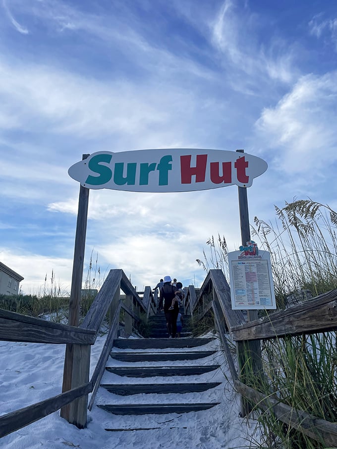 The stairway to seafood heaven comes with its own sign and the promise of sugar-white sand between your toes.
