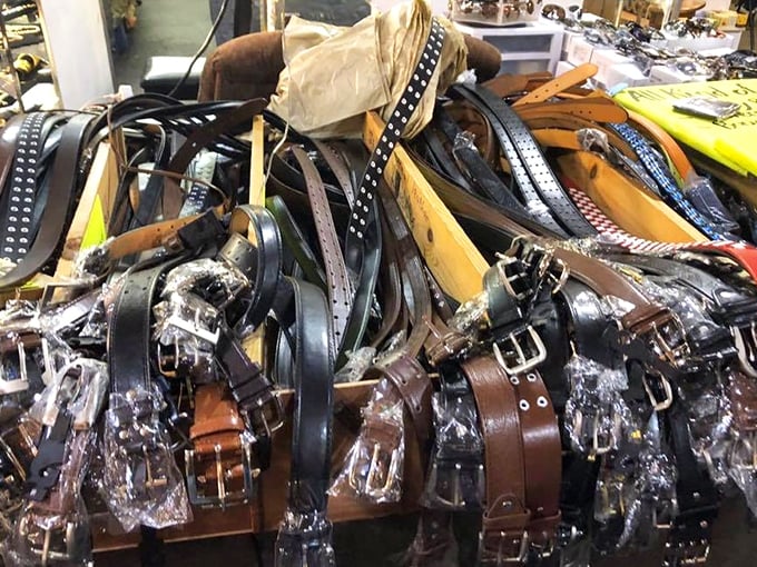 Leather belts cascade like accessories from an era when people dressed up just to leave the house.