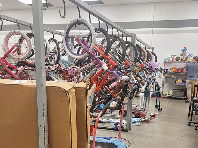 Bicycle heaven for kids and adults alike—where two-wheeled freedom machines hang in suspended animation waiting for their next adventure.