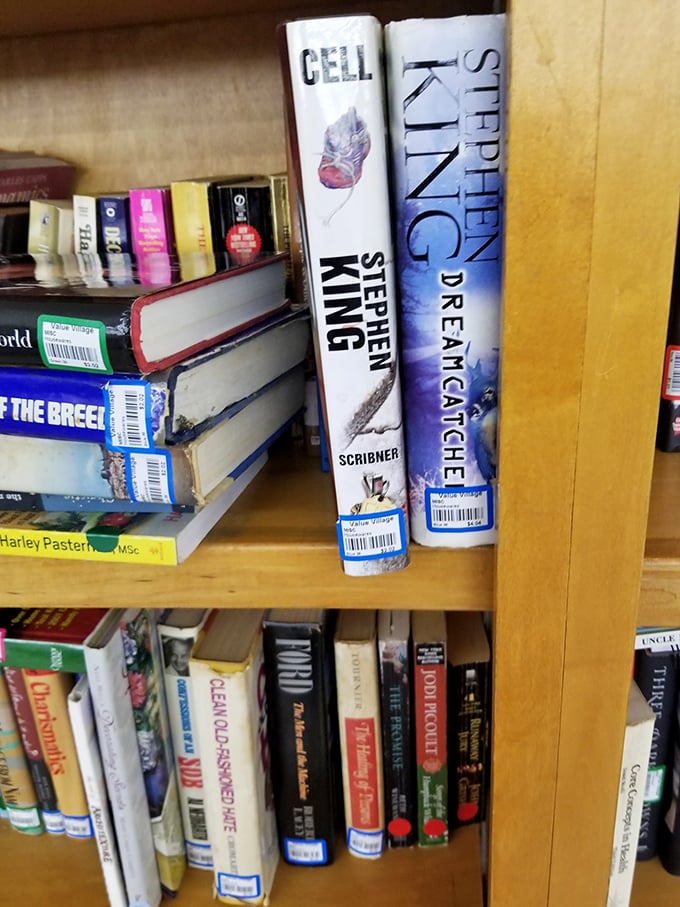 Stephen King neighbors other literary giants on these wooden shelves – bestsellers patiently waiting for their next reading adventure.