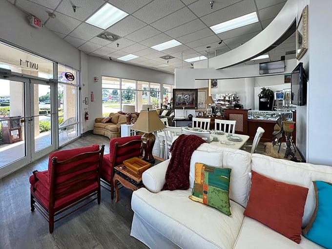 Bright, airy, and thoughtfully arranged—this corner of the store feels more like an upscale furniture showroom than a thrift shop.