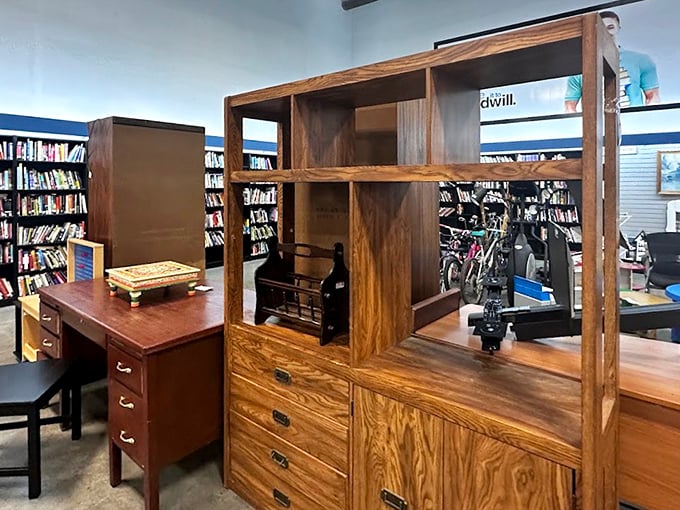 Solid wood furniture with character to spare. That cabinet has probably held more secrets than most therapists – and looks better with age.