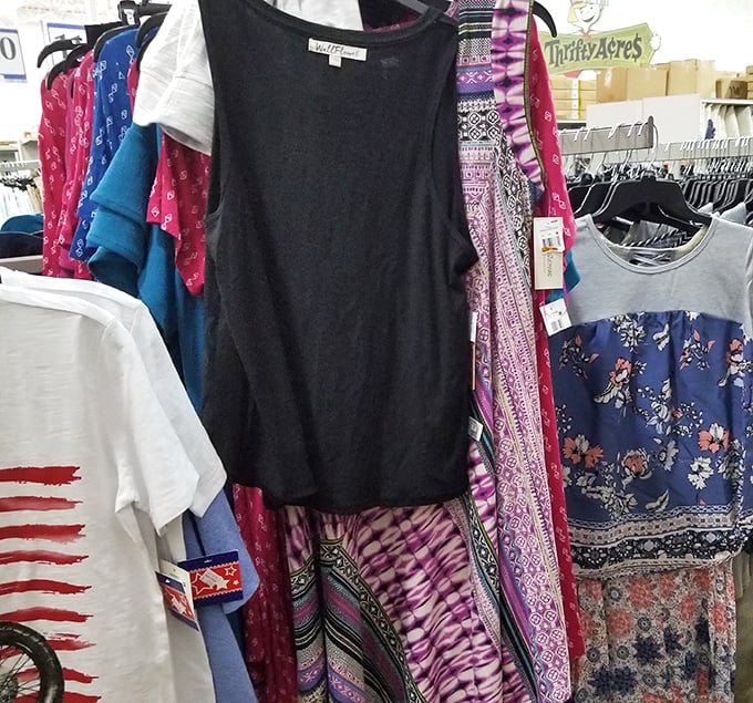 Clothing racks overflow with possibilities – it's like your closet's future is hanging right there, begging for adoption.