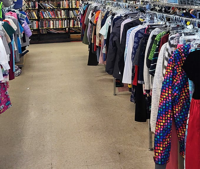 The clothing aisle—where fashion trends come full circle. That colorful geometric pattern is either coming back in style or never left.