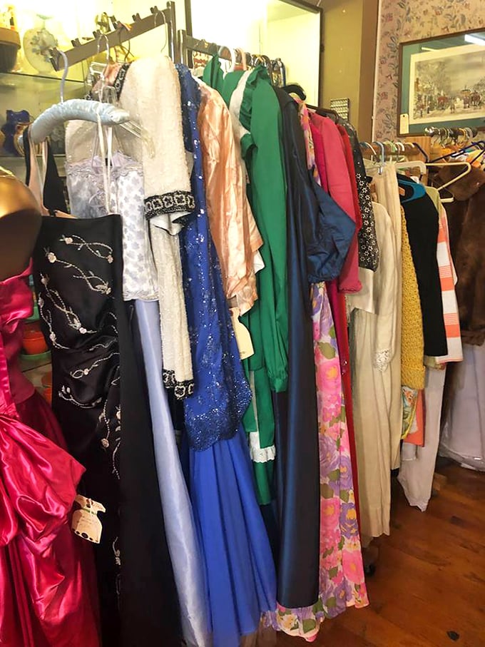 Vintage dresses hang like colorful ghosts of proms, weddings, and cocktail parties past—each sequin and shoulder pad with its own tale.