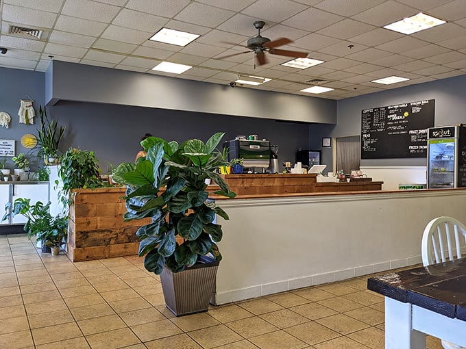 This café oasis offers respite for weary shoppers. Plants and rustic wood create a calm space to contemplate your next retail conquest.