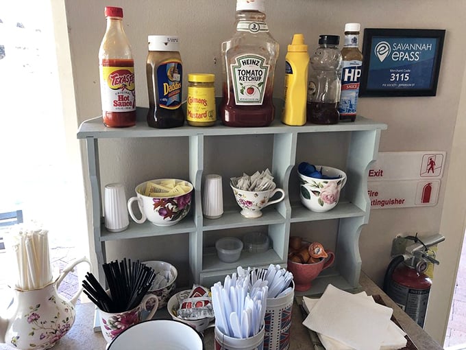 The condiment shelf speaks volumes—HP Sauce and proper tea cups signal authenticity that can't be faked or rushed.