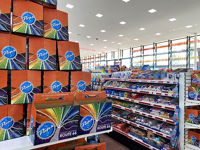 It’s snack heaven on every shelf—bright boxes, sweet temptations, and a rainbow of sodas calling your name.