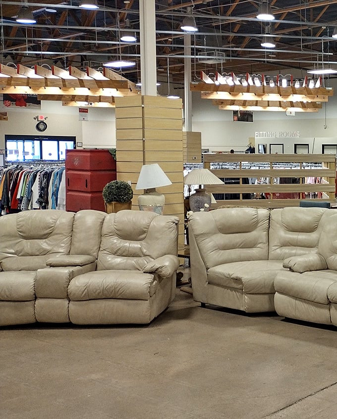 The furniture section's cream-colored couches invite weary shoppers to test their comfort level before committing to a new living room centerpiece.